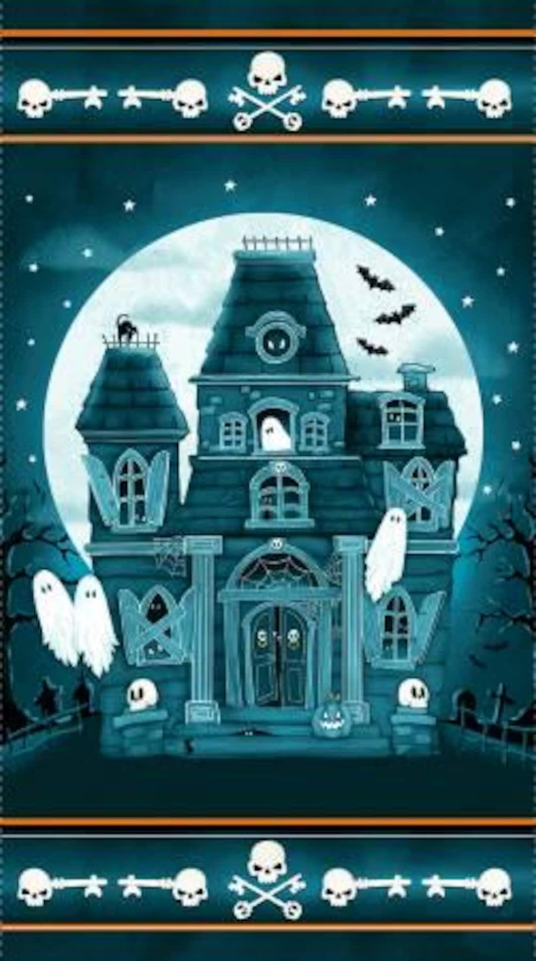 Haunted House Halloween Fabric Panel, Glow-in-the-dark, Teal, Henry ...