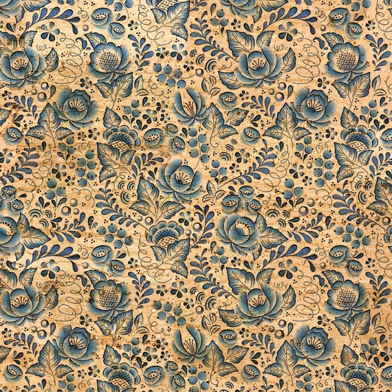 Natural Cork With Blue Flowers/ Cork Fabric / Ecological Cork - Etsy