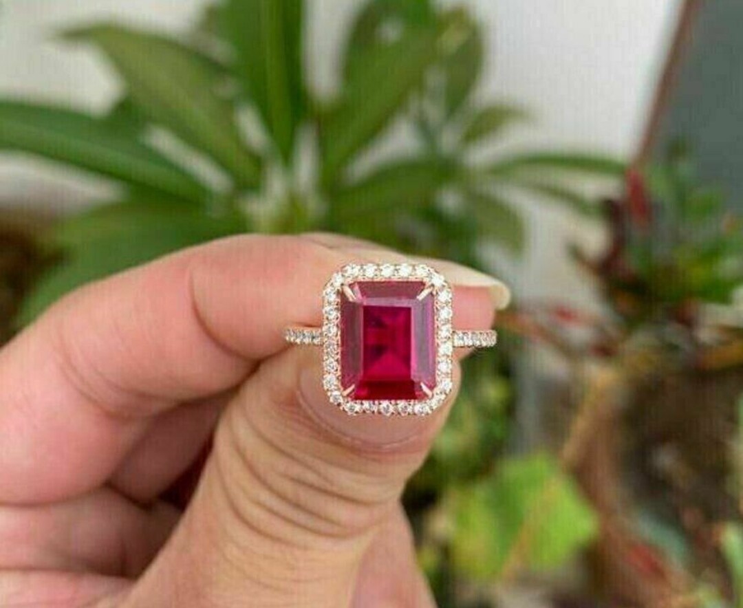 14K Solid Gold Ruby Dainty Emerald Cut Stacking Ring, Gold Minimalist Ring, Simple Ruby Ring ...