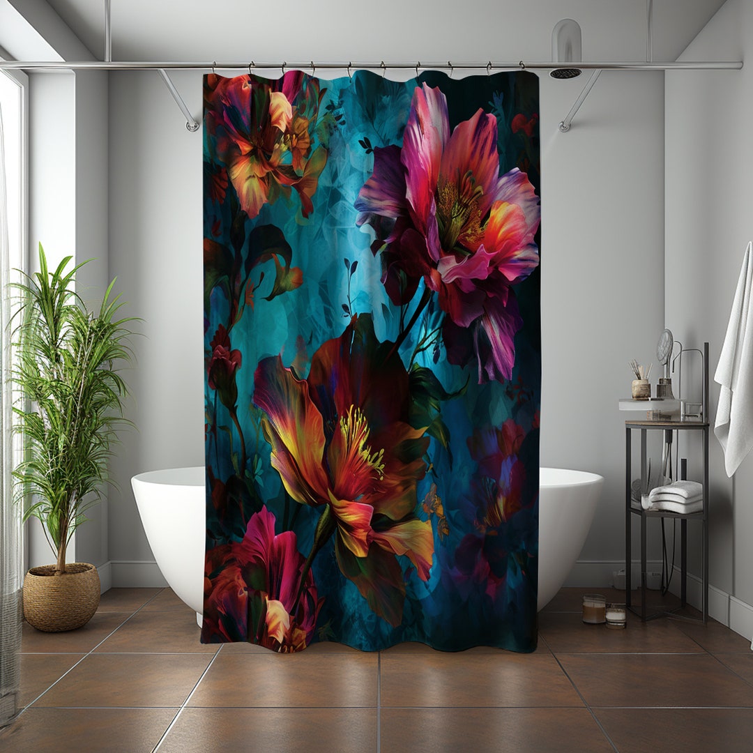 Floral Contemporary Shower Curtain Beautiful Modern Bathroom Decor in Colorful Blue and Pink ...