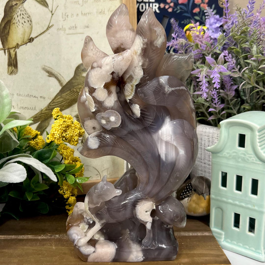 XXL Black Flower Agate Fox Carving | Crystal Statement Piece | Crystal ...