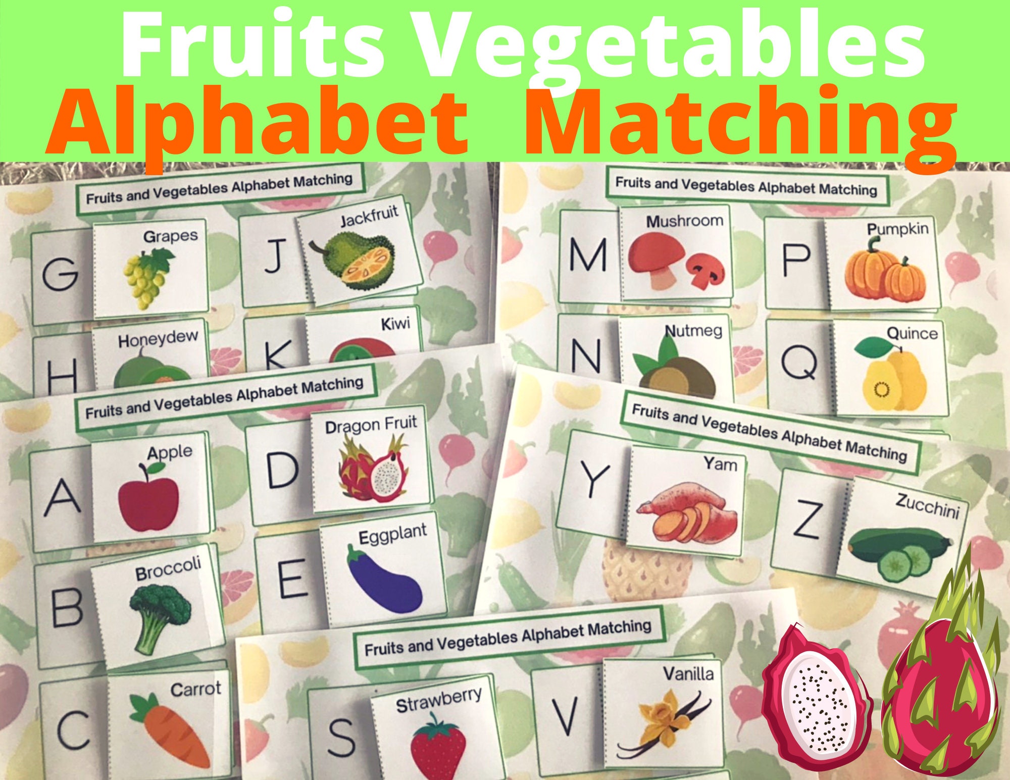 Fruits and Vegetables Alphabet Matching Worksheets / Printable Alphabet ...