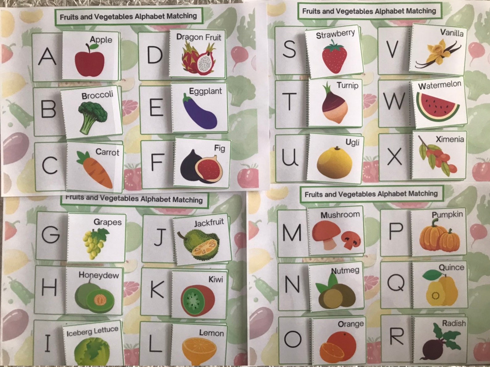 Fruits and Vegetables Alphabet Matching Worksheets / Printable Alphabet ...