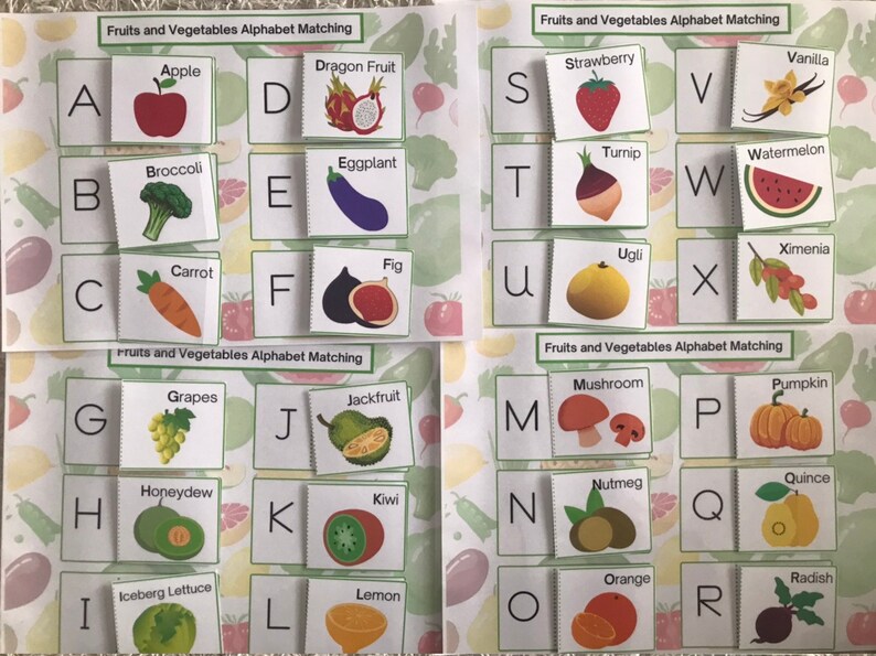 Fruits and Vegetables Alphabet Matching Worksheets / Printable Alphabet ...