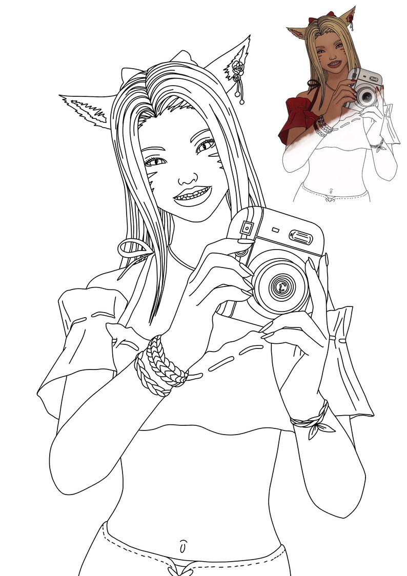 Final Fantasy XIV Miqo'te Coloring Page: Cat Girl Photographer (digital ...