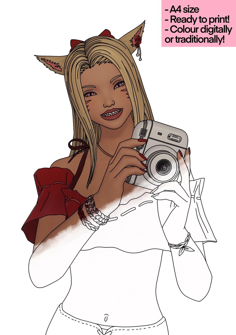 Final Fantasy XIV Miqo'te Coloring Page: Cat Girl Photographer (digital ...