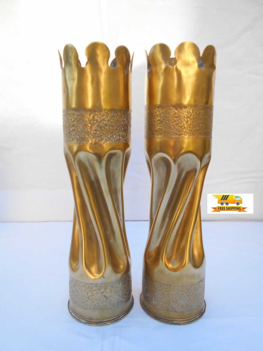 WW1 Trench Art Brass 75 DE C Artillery Shell Casings Set of 2 Pair of ...