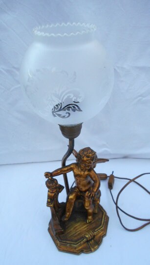 Vintage French Gold Gilt Winged Angel Lamp With Globe Shade, Unique ...