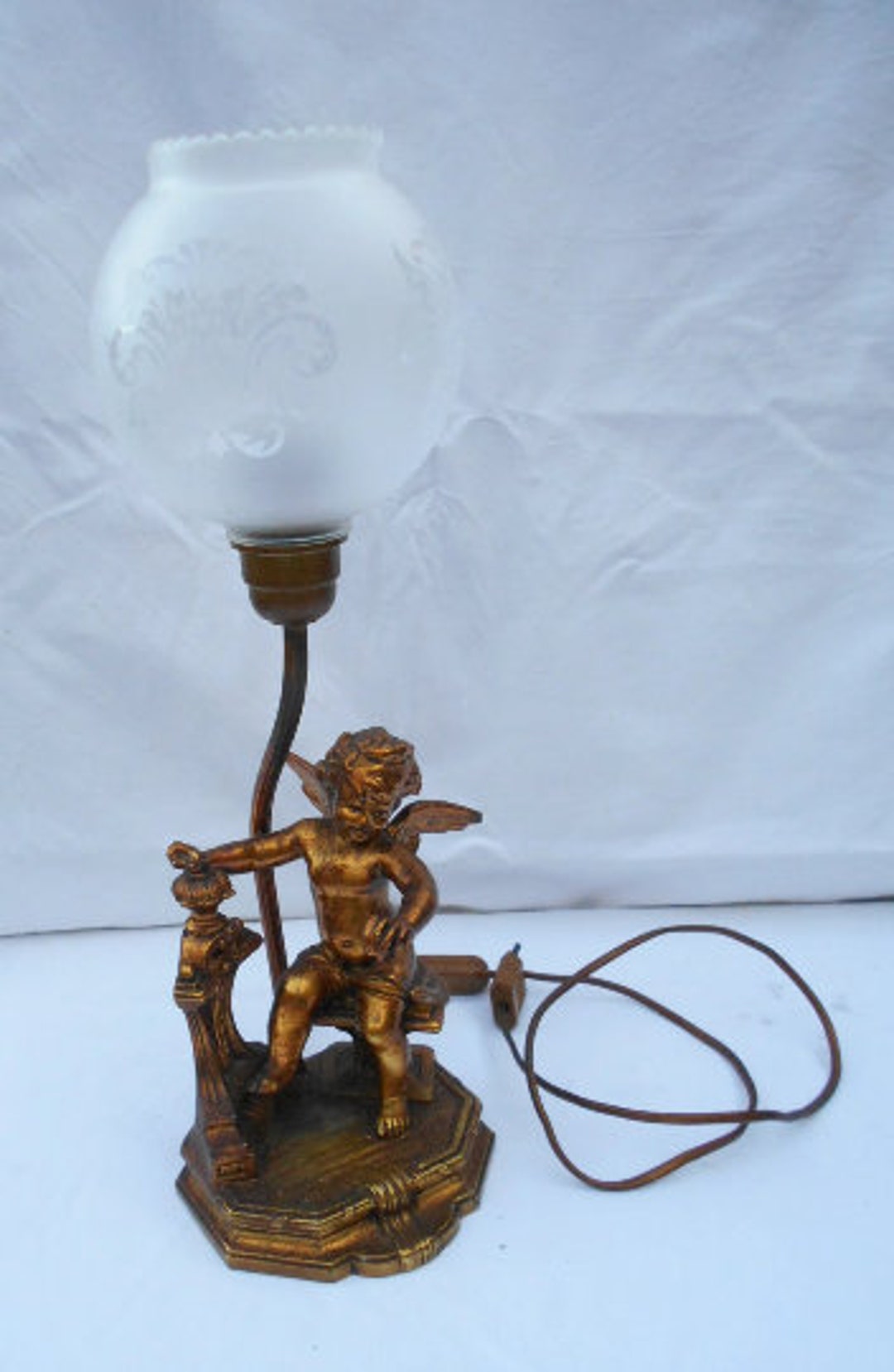 Vintage French Gold Gilt Winged Angel Lamp With Globe Shade, Unique ...