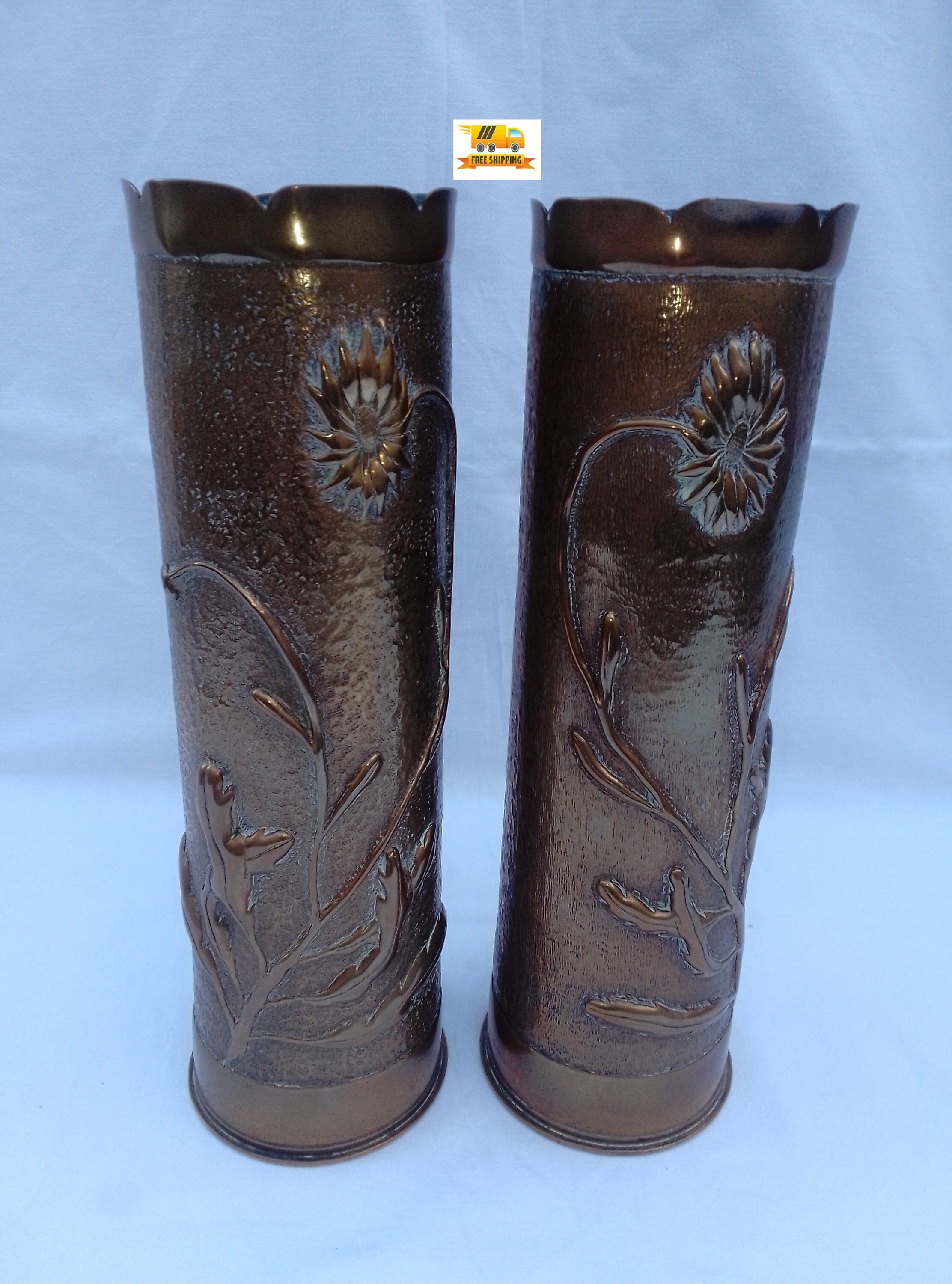 Pair of WW1 Trench Art Brass 75 DE C Artillery Shell Casings Set of 2 ...