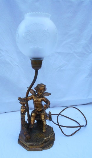 Vintage French Gold Gilt Winged Angel Lamp With Globe Shade, Unique ...