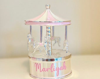 Personalised Silver Musical Carousel, Music Box, Musical Carousel ...
