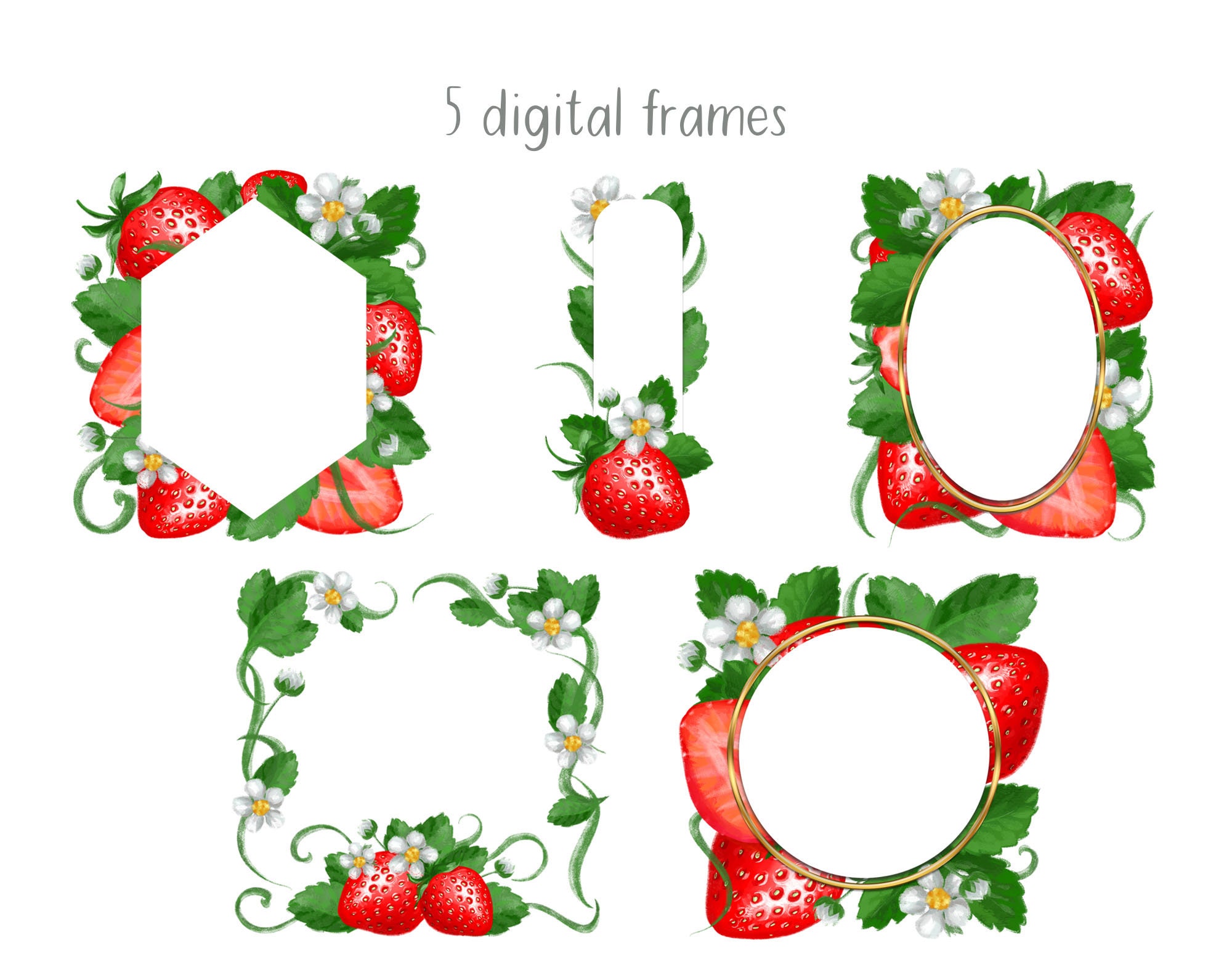 Strawberry digital frames and seamless borders clipart | Etsy