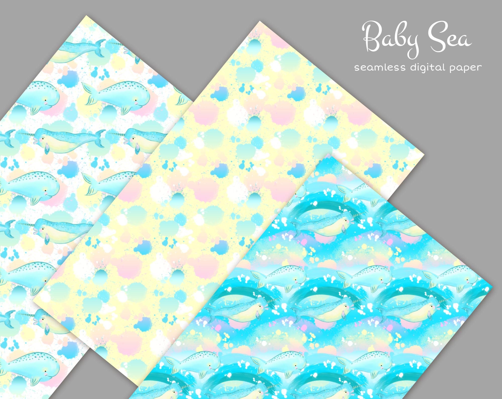 Narwhal Digital Paper Whale Seamless Patternocean Printable | Etsy