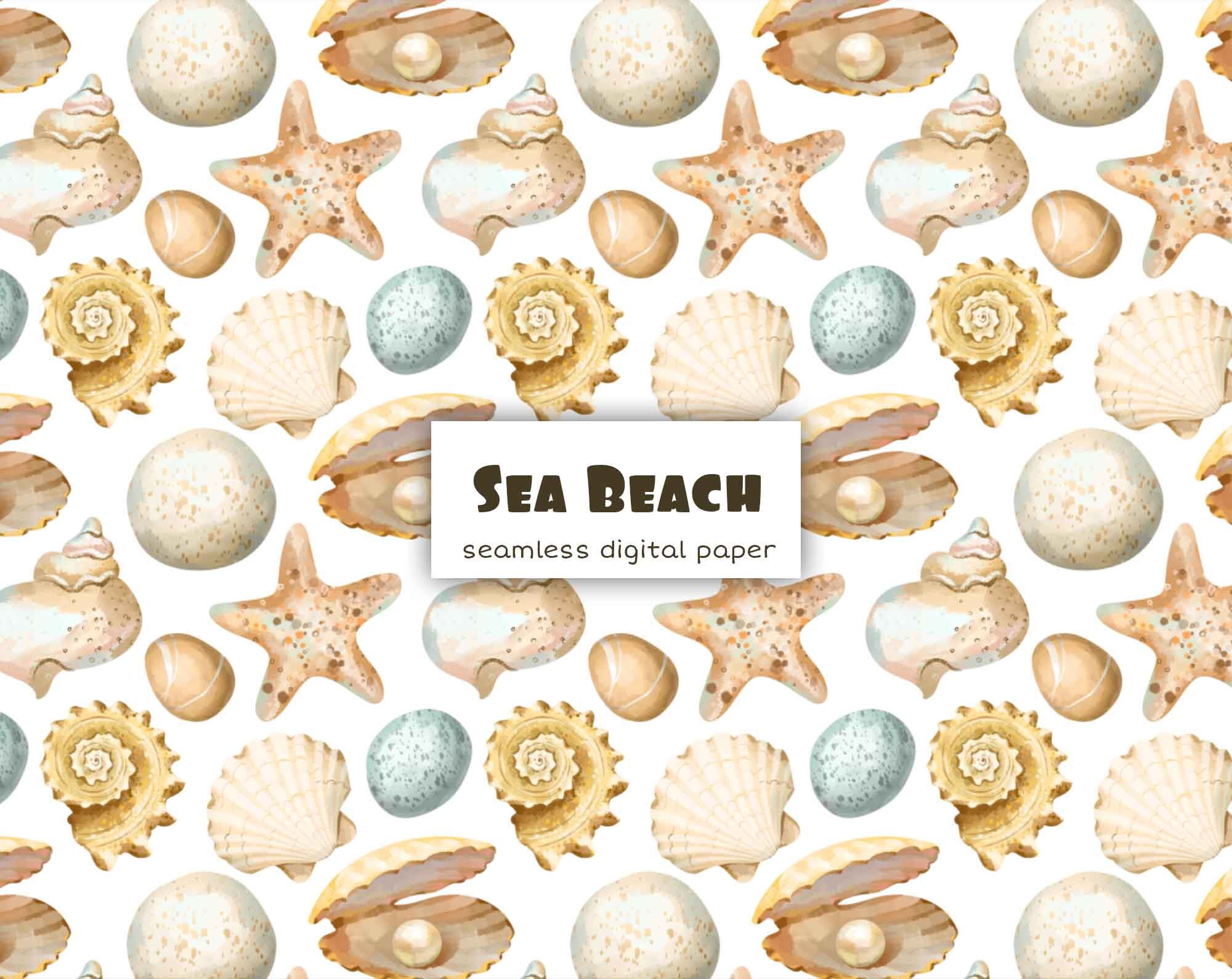 Beach Digital Paper and Watercolor Sea Shell Seamless Pattern,nautical ...