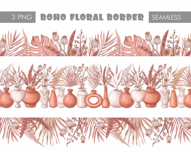 Boho Png Pottery Clipart Floral Border Png Seamless Files - Etsy