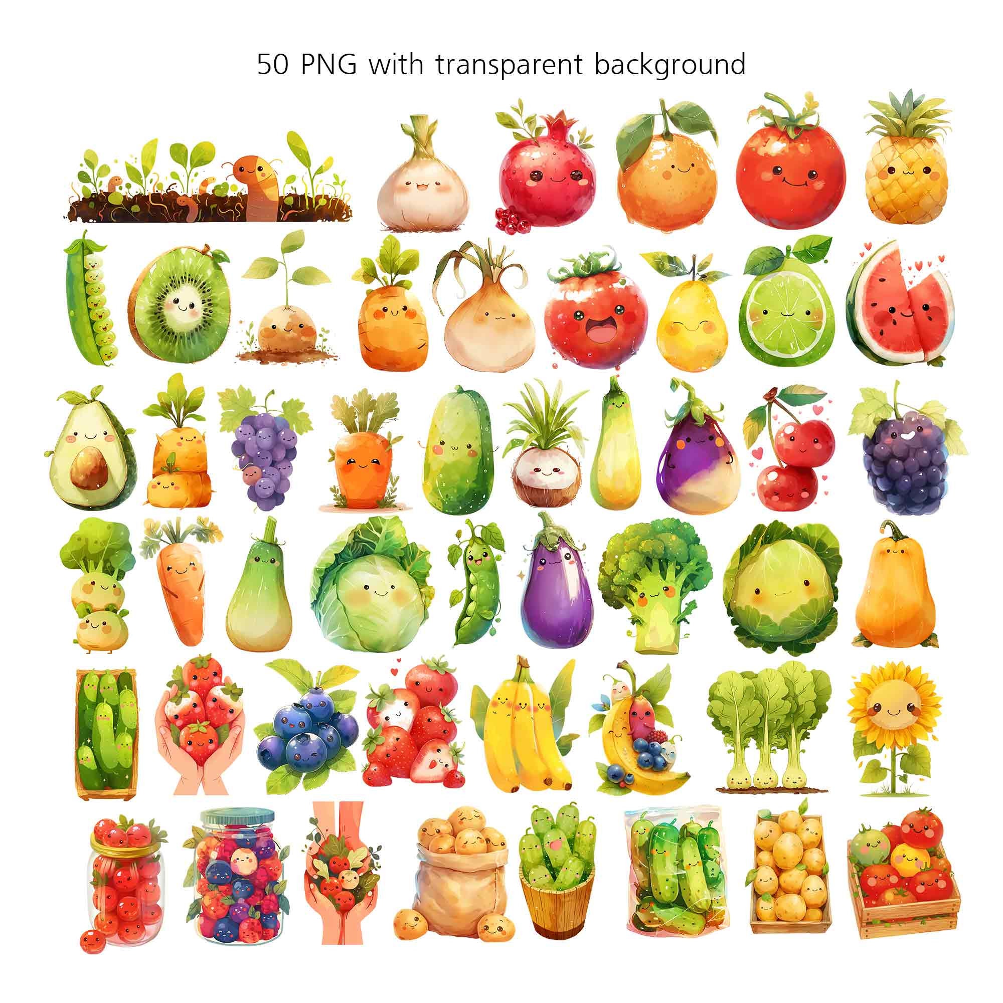 Cute Fruit Png Vegetable Clipart Set,kawaii Harvest Digital Files ...