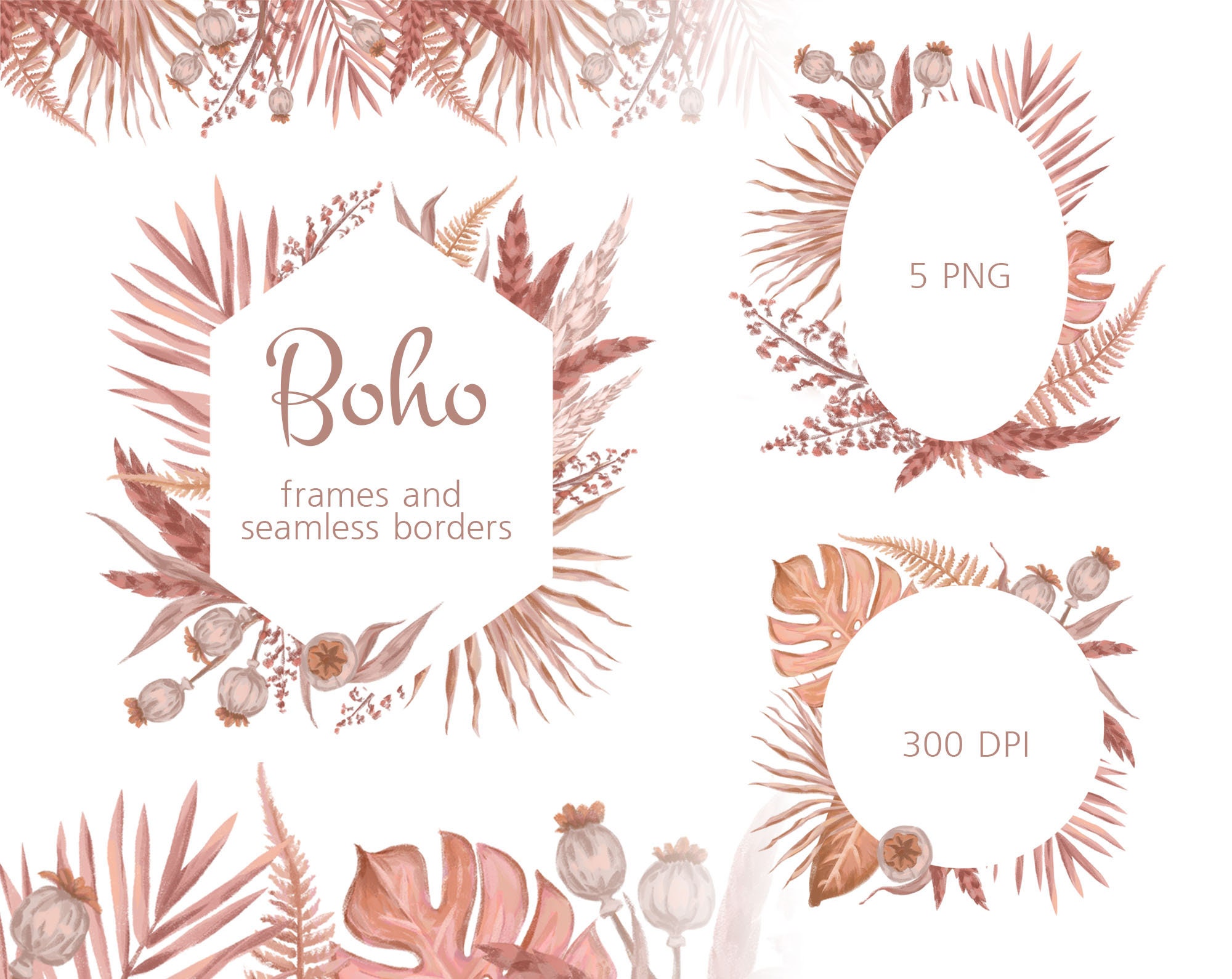 Boho Png Clipart Digital Frames and Seamless Border for Floral | Etsy