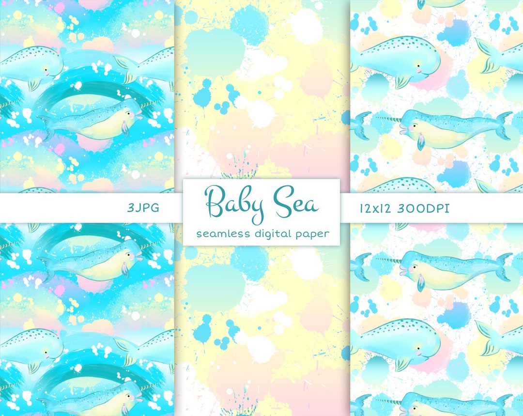 Narwhal Digital Paper Whale Seamless Pattern,ocean Printable Scrapbook ...