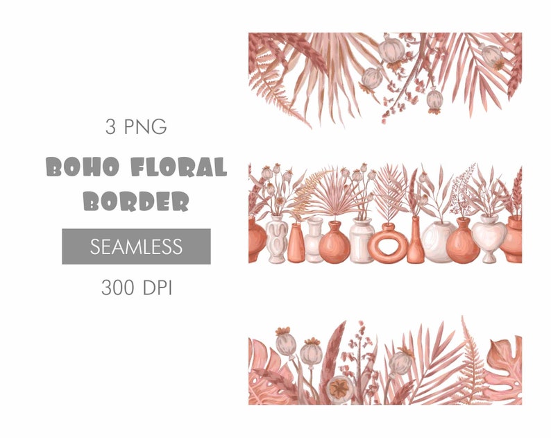 Boho Png Pottery Clipart Floral Border Png Seamless Files - Etsy