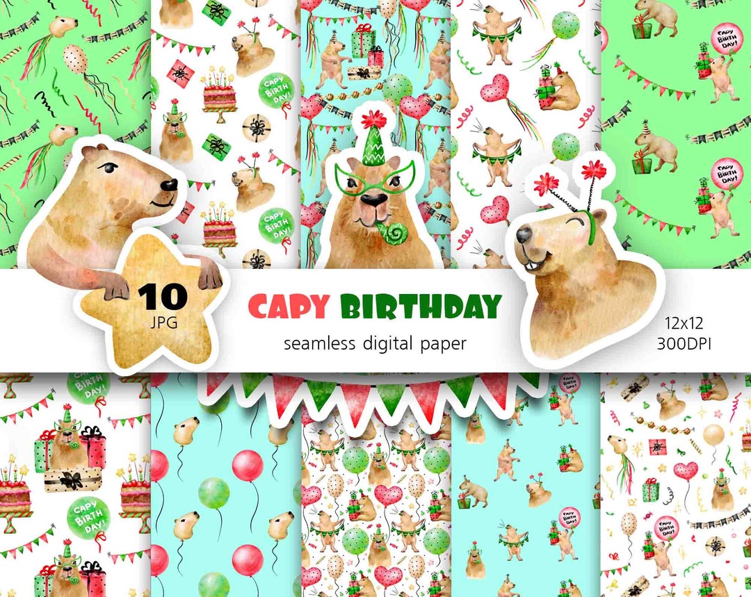 Capybara Birthday Digital Paper Party Seamless Pattern Bday Printable ...
