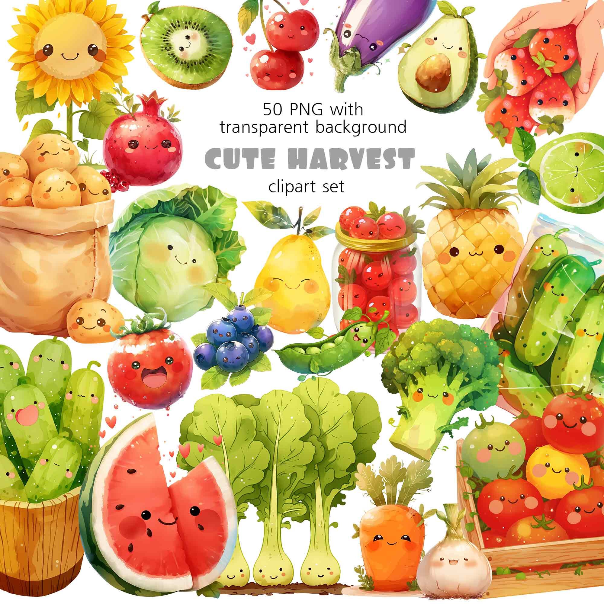 Cute Fruit Png Vegetable Clipart Set,kawaii Harvest Digital Files ...