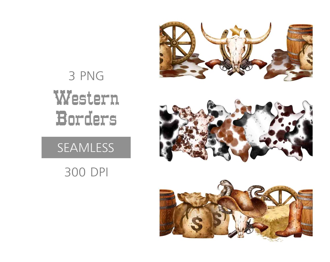 Western Png Clipart Cowboy Seamless Borders Digital - Etsy