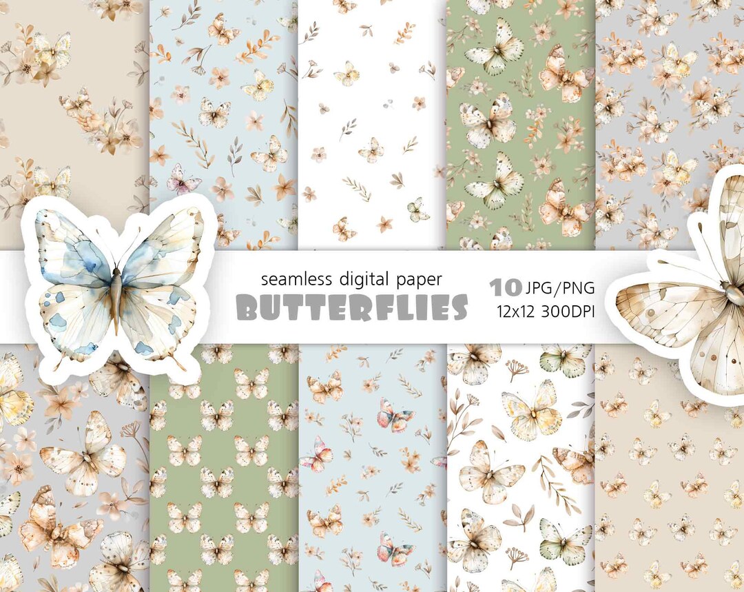 Butterfly Digital Paper Set Watercolor Floral Seamless Pattern Png ...