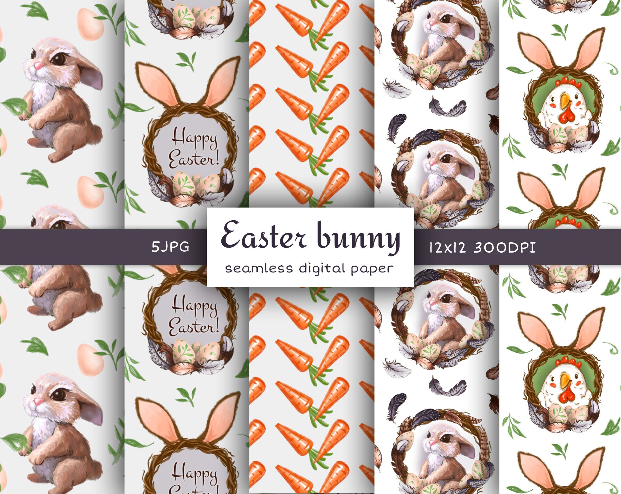 5 Designs Digital Backgrounds Cute Bunnies Seamless Digital Paper ...