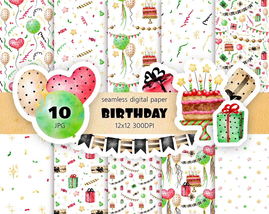 Birthday Digital Paper Pack Party Seamless Pattern Bday Printable Kit ...