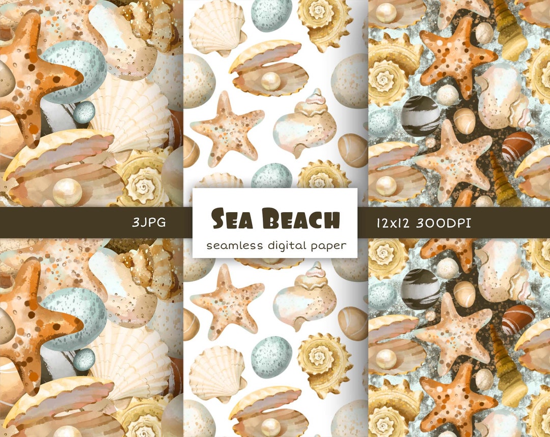 Beach Digital Paper and Watercolor Sea Shell Seamless Pattern,nautical ...