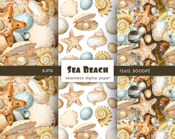 Beach Digital Paper and Watercolor Sea Shell Seamless | Etsy