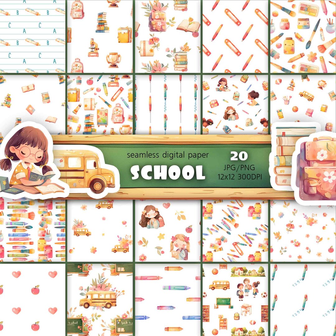 Cute School Digital Paper Png Seamless Pattern Transparent Background ...