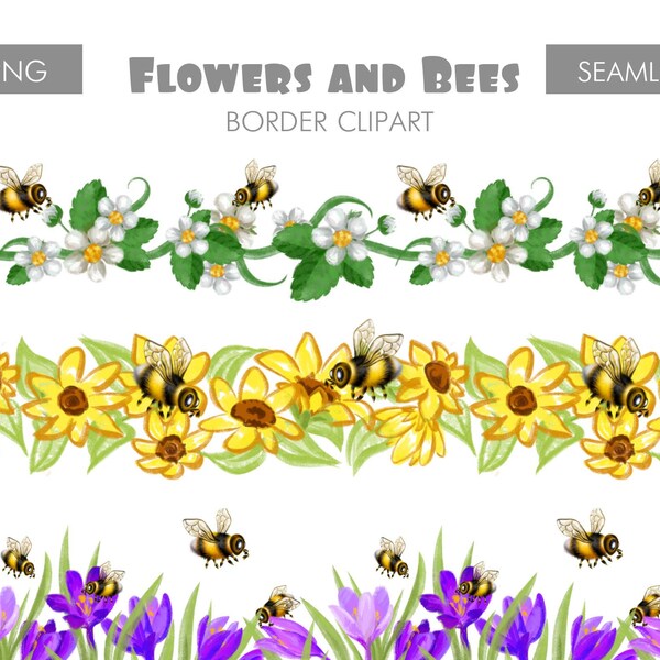 Wildflower Bee Border Clipart - Etsy