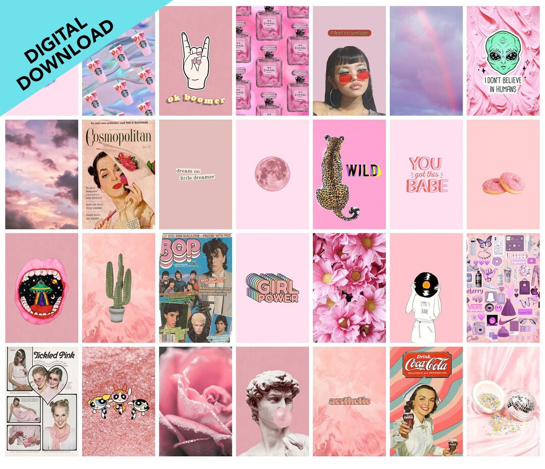 90s Vintage Pink Stickers VSCO Wall Collage Kit Photo Wall Aesthetic ...