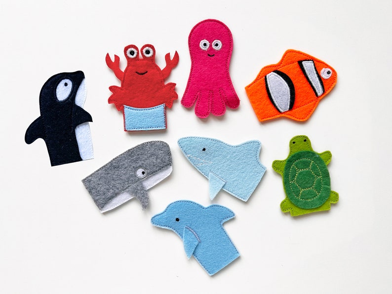 Felt Finger Puppets - Marine Animals (octopus, Shark, Turtle, Dolphin ...