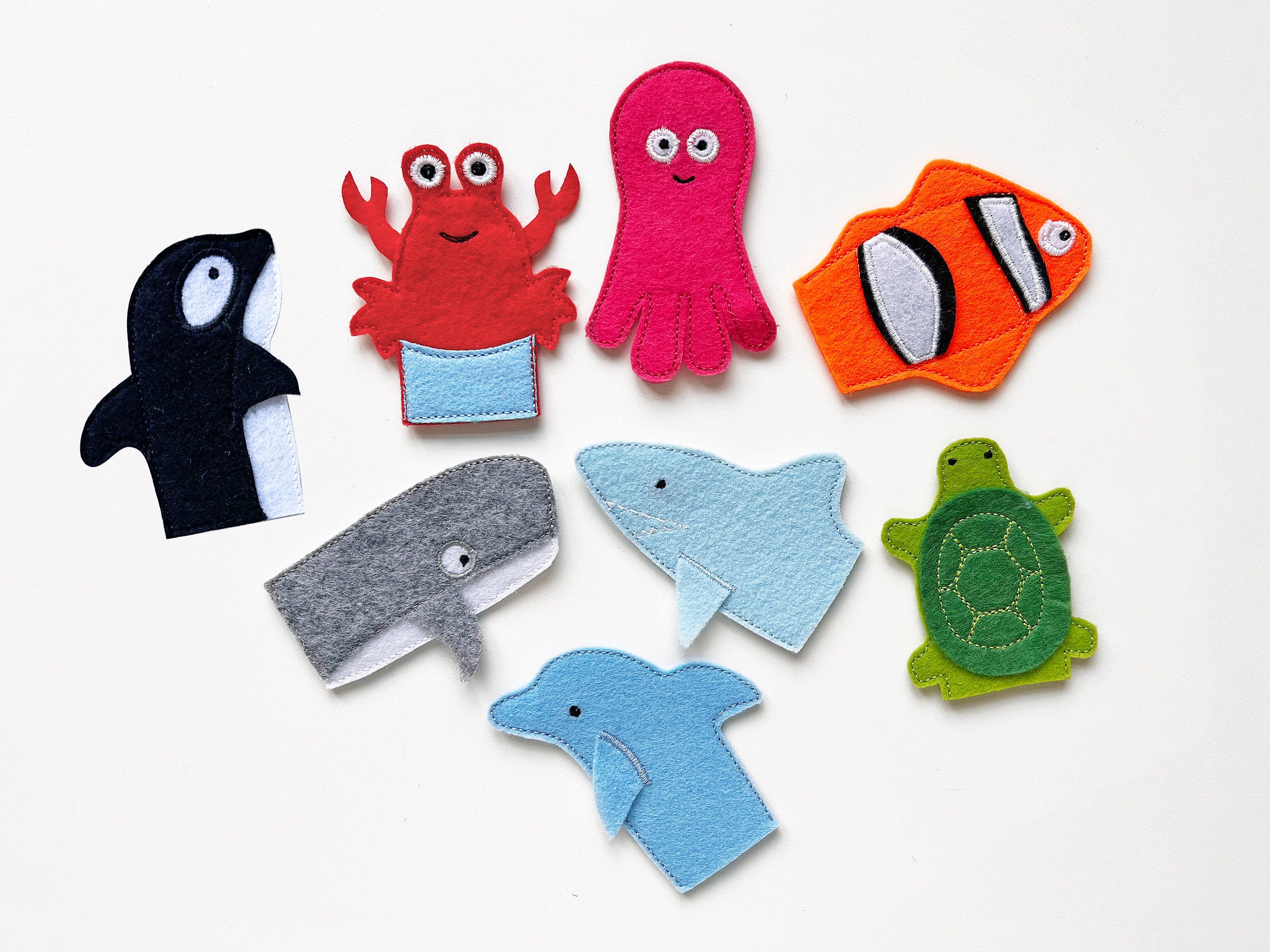 Felt Finger Puppets - Marine Animals (octopus, Shark, Turtle, Dolphin ...
