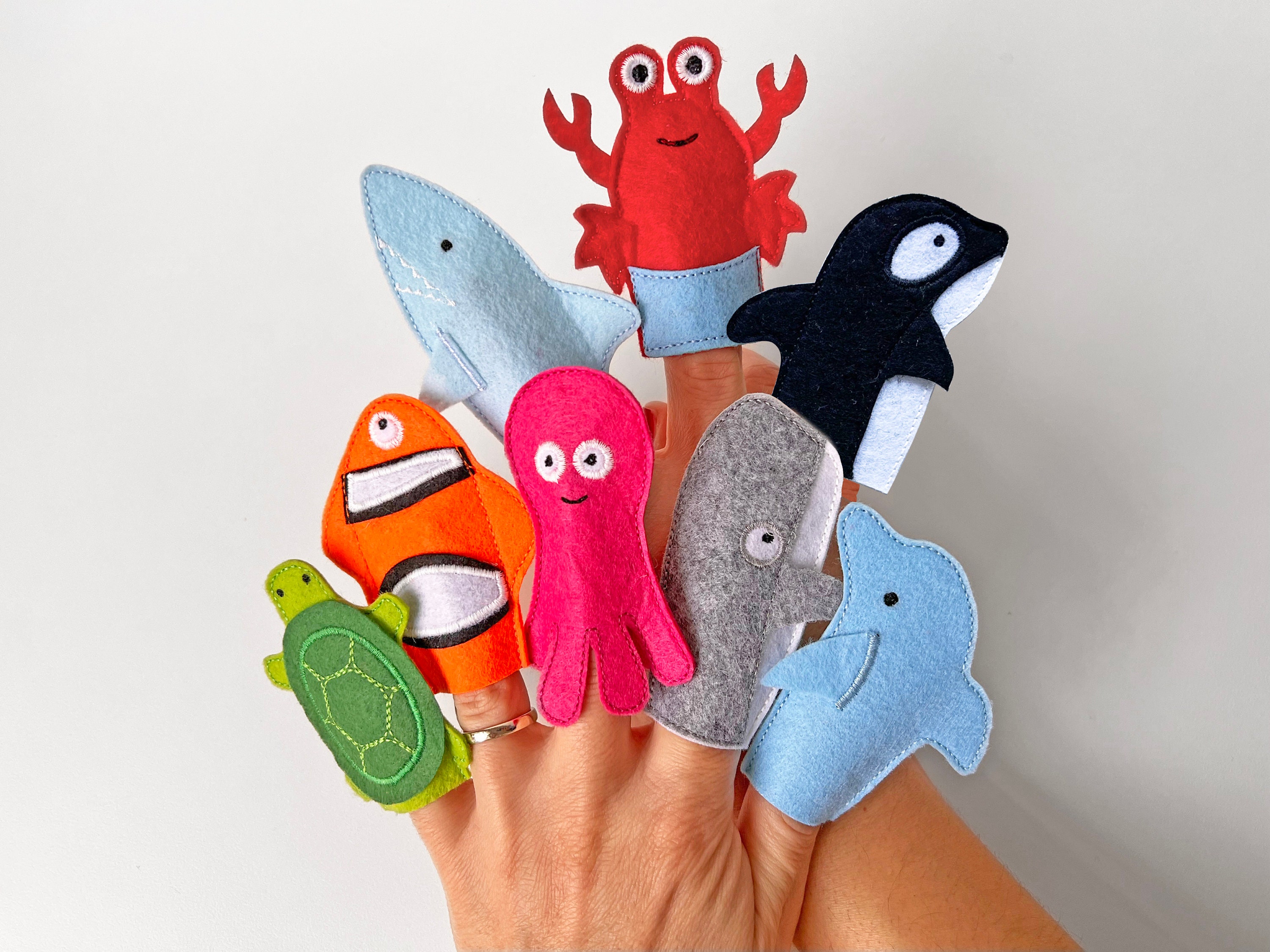 Felt Finger Puppets - Marine Animals (octopus, Shark, Turtle, Dolphin ...