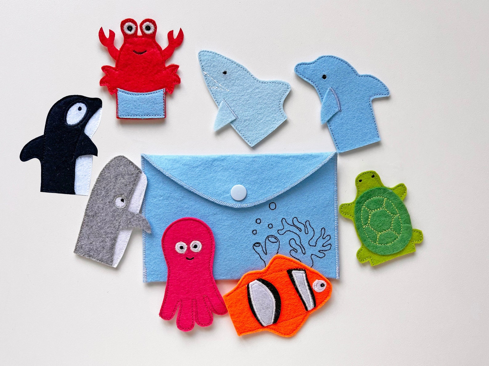 Felt Finger Puppets - Marine Animals (octopus, Shark, Turtle, Dolphin ...