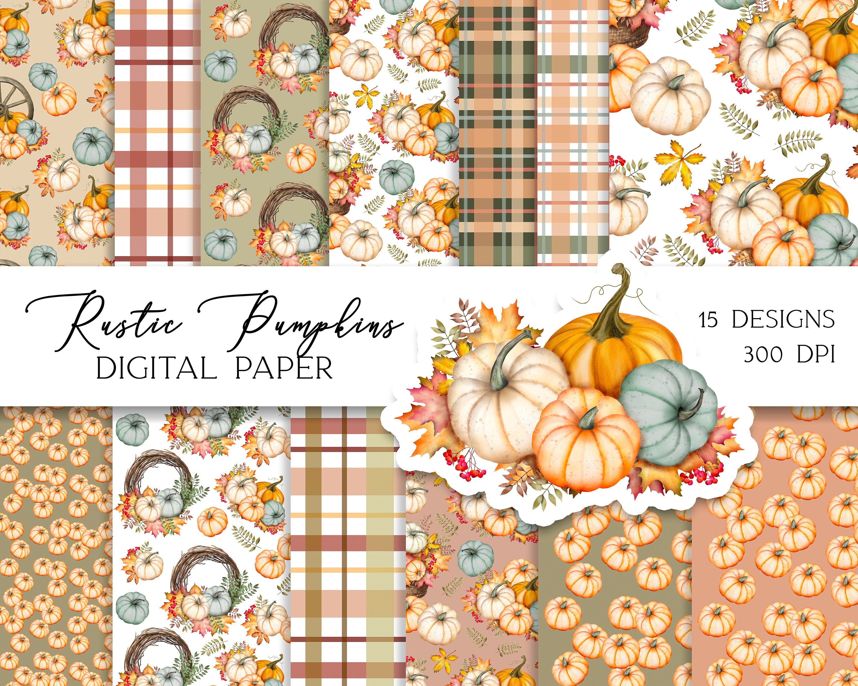 Thanksgiving Fall Digital Paper, Rustic Pumpkin Seamless Pattern ...