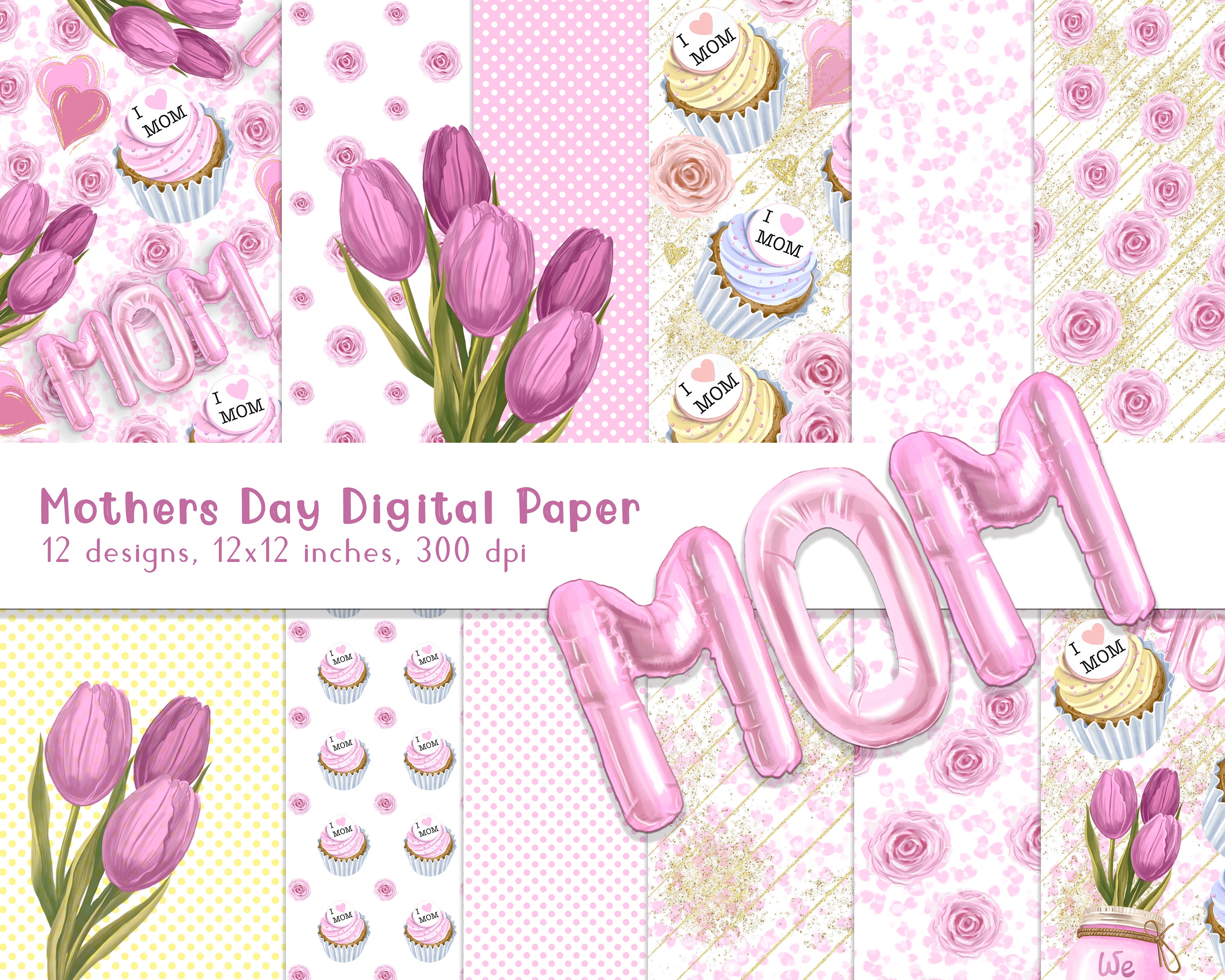 Mothers Day Digital Paper, Mothers Day Gifts Digital Paper, Cup Cakes ...