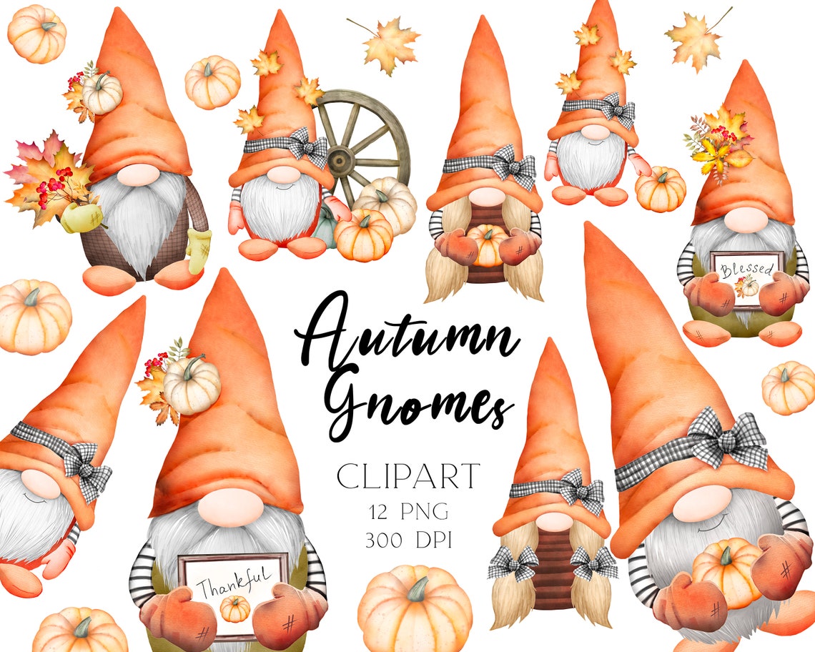 Autumn Gnomes Clipart, Thanksgiving Clipart, Watercolor Clipart, Fall ...