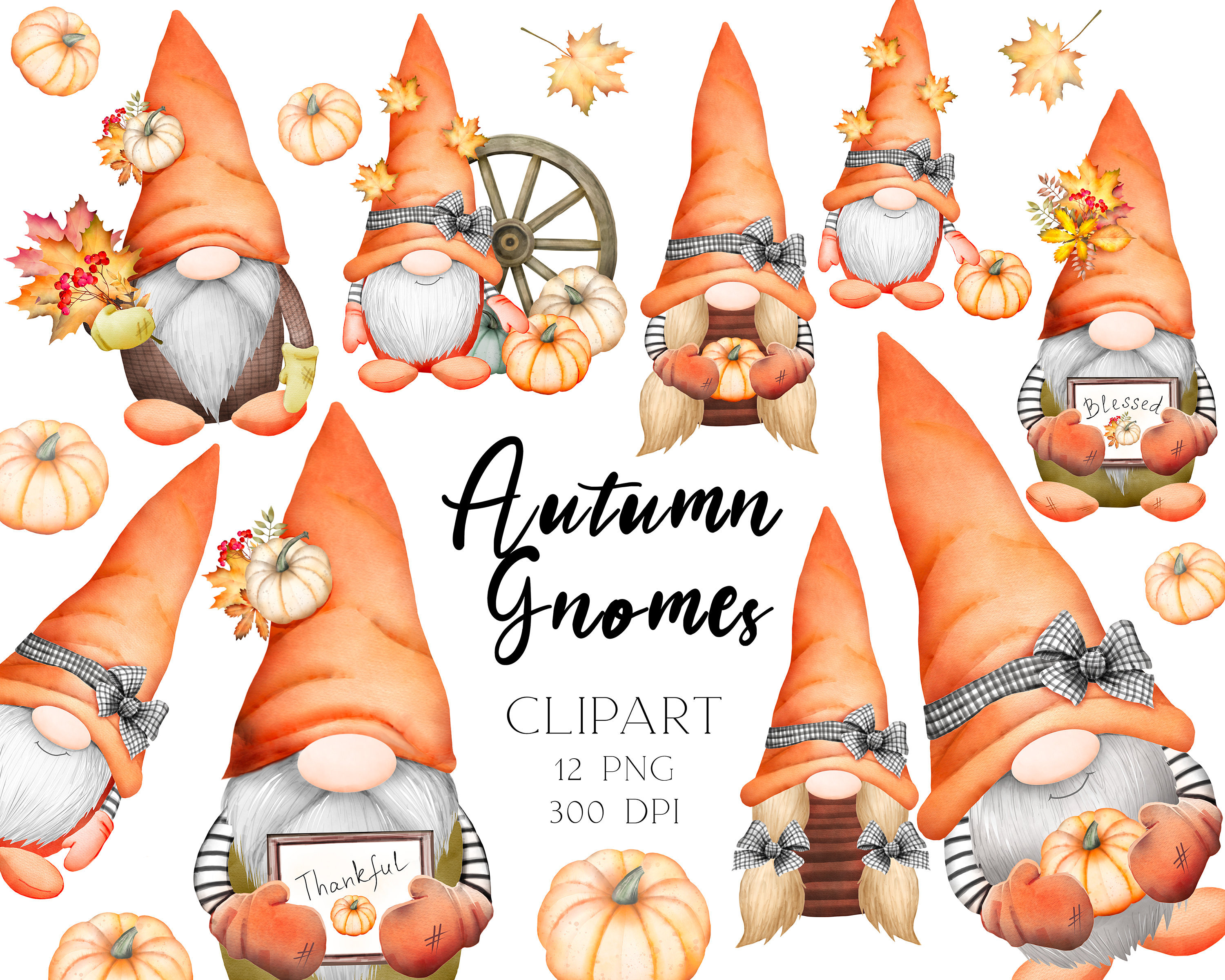 Autumn Gnomes Clipart, Thanksgiving Clipart, Watercolor Clipart, Fall ...