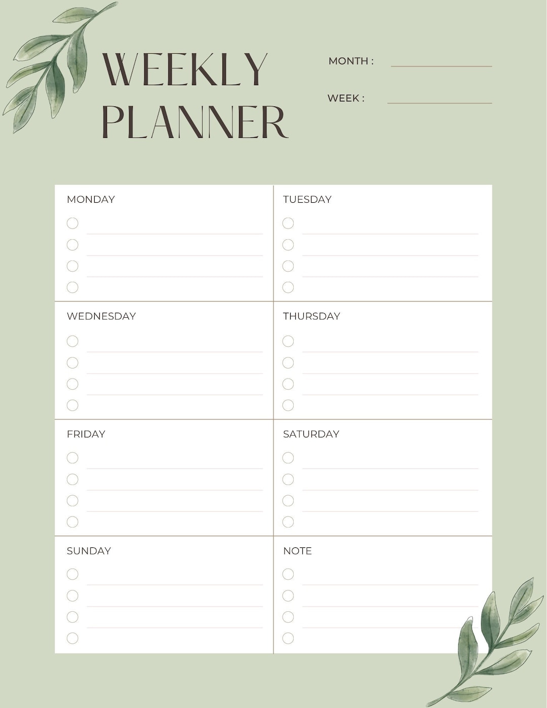 Sage Green Weekly Planner, Printable Planner, Downloadable Planner ...