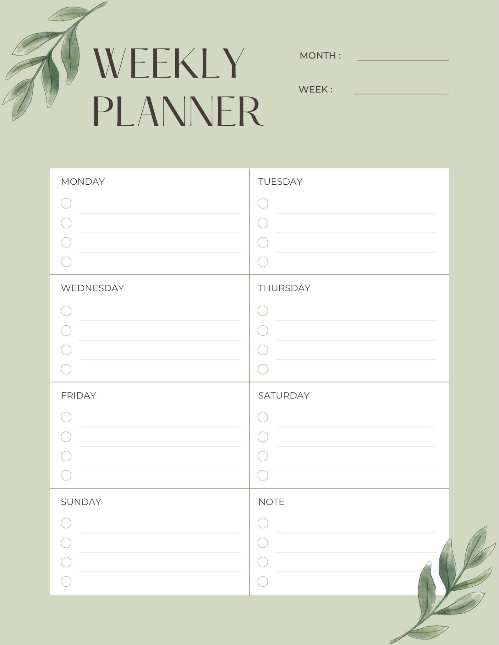 Sage Green Weekly Planner, Printable Planner, Downloadable Planner ...