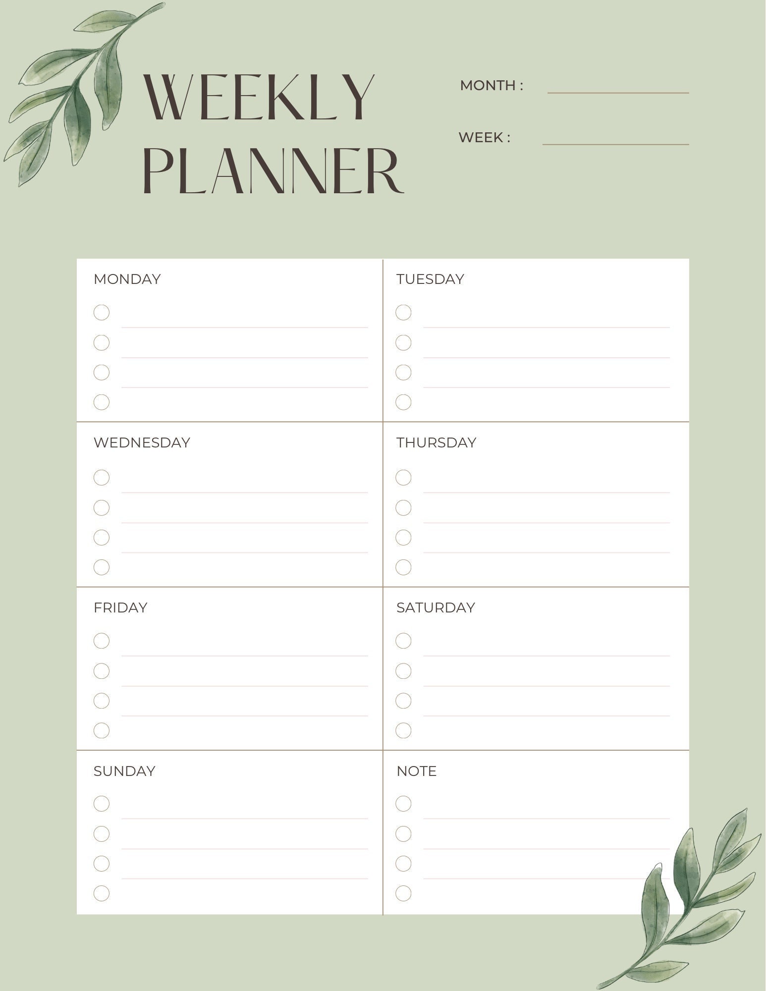 Sage Green Weekly Planner, Printable Planner, Downloadable Planner ...