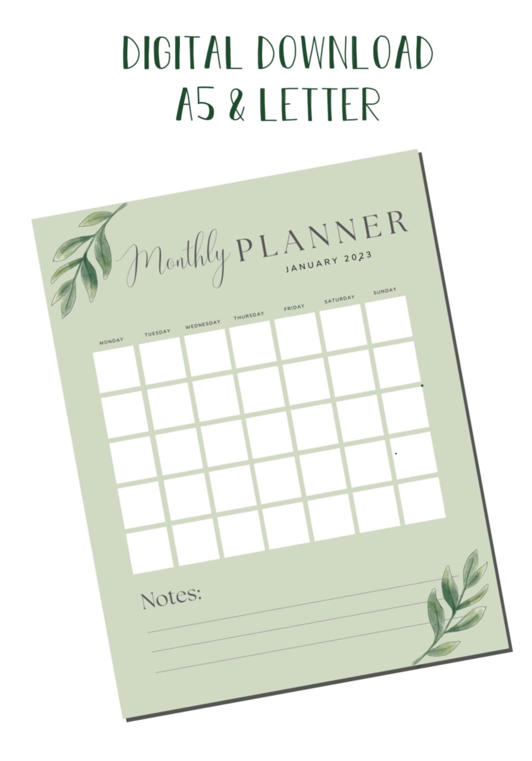 Sage Green Monthly Planner Calendar Digital Download Printable ...