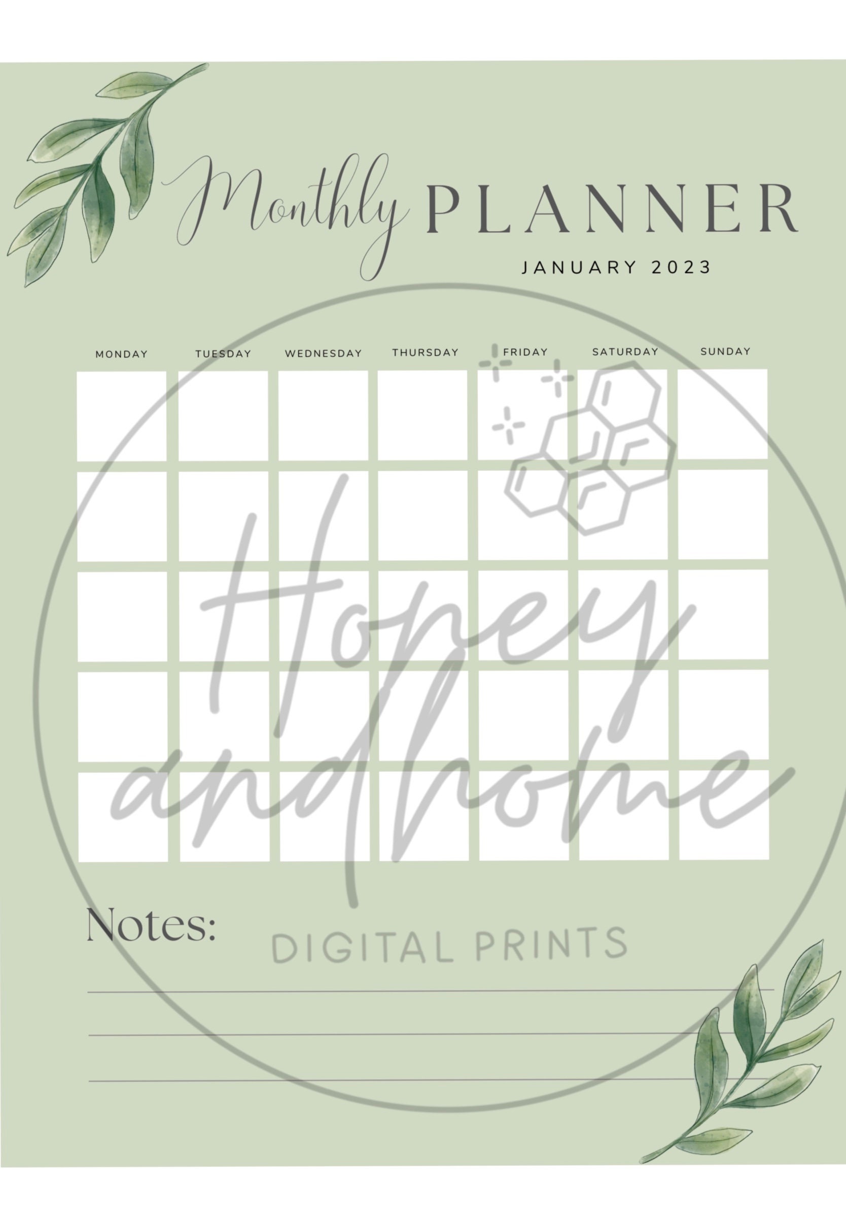 Sage Green Monthly Planner Calendar Digital Download Printable ...