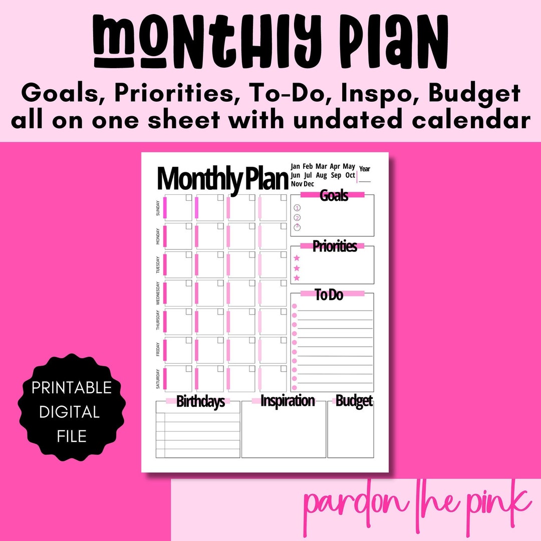 Monthly Planning Sheet Pink Minimalist Planner Page Monthly To-do ...