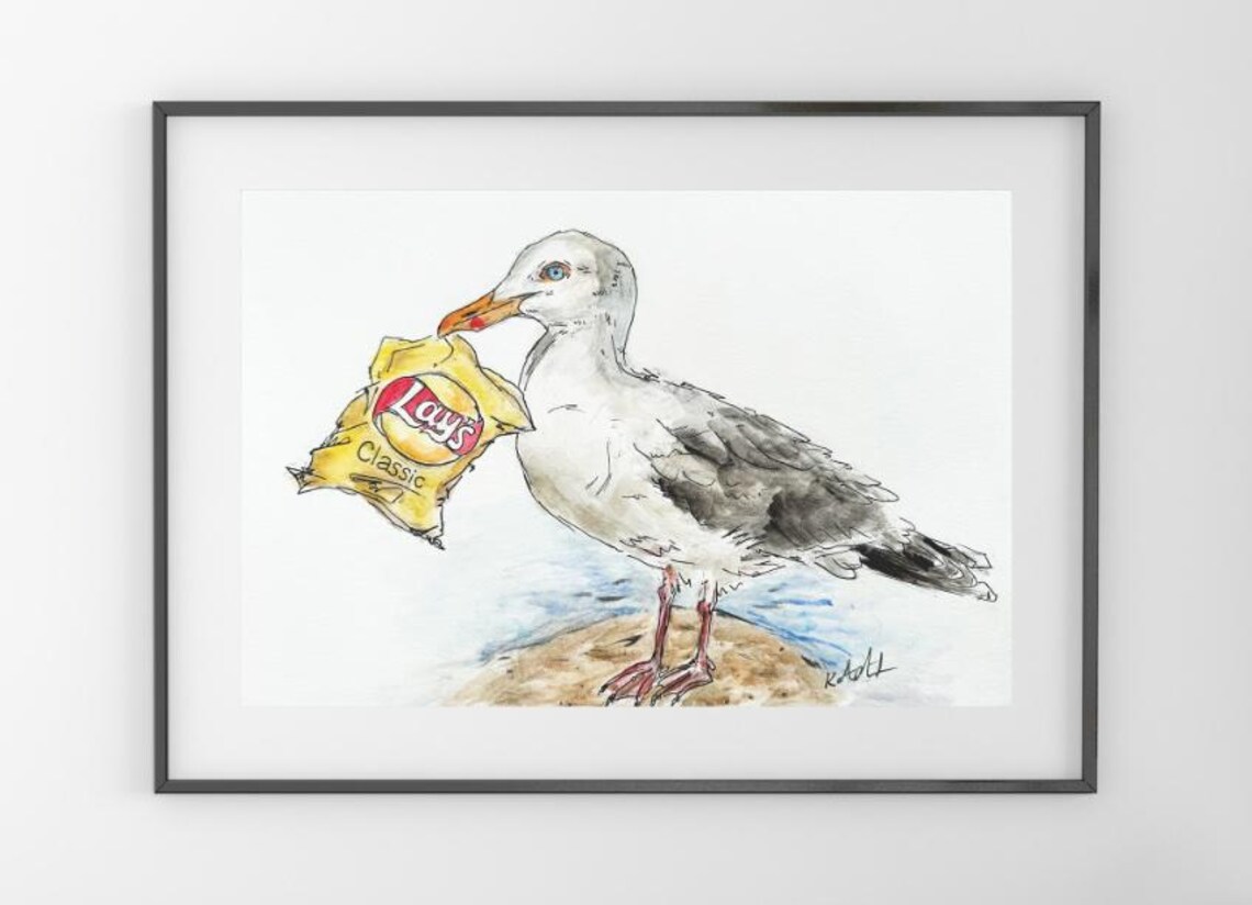 Seagull With Chips Watercolor Painting - Etsy